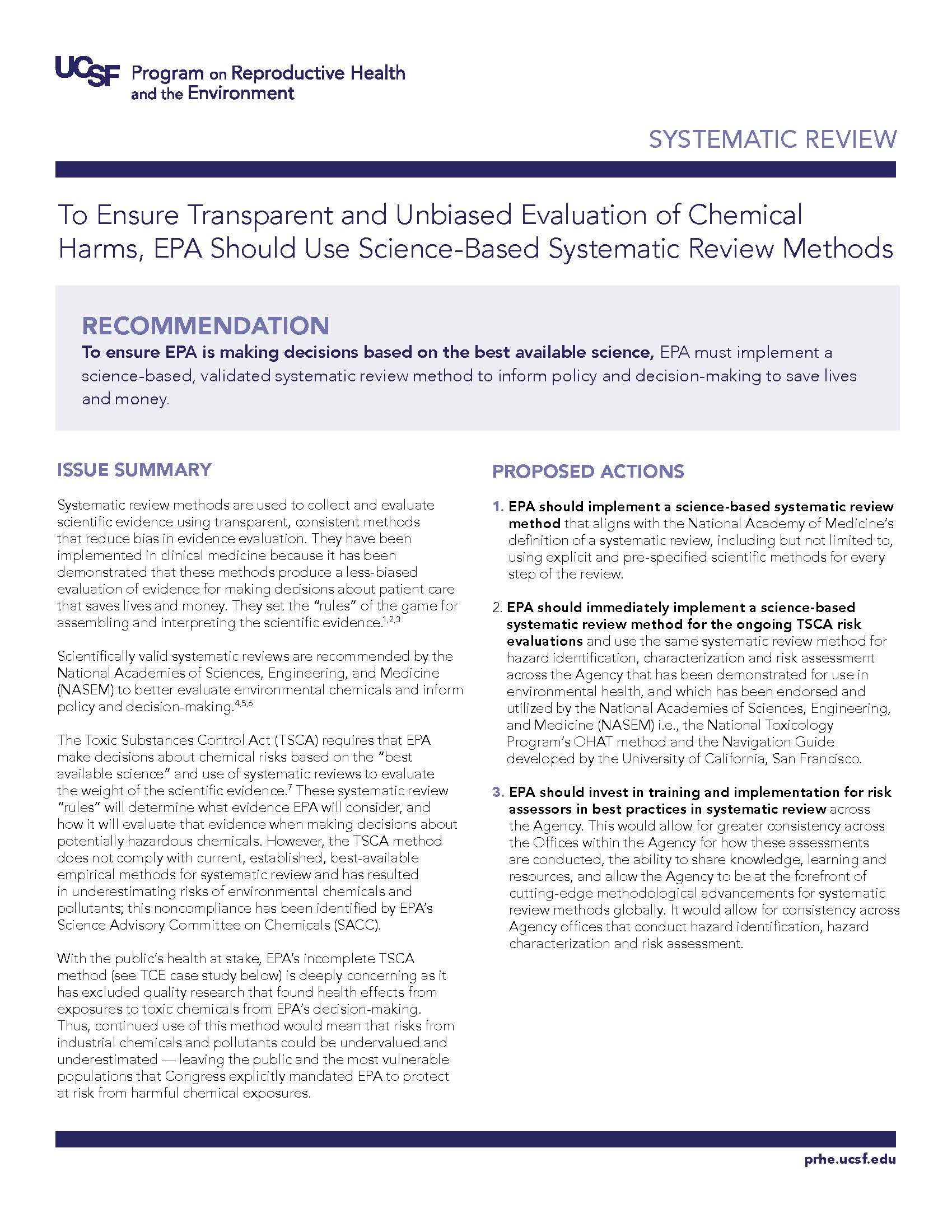 Recommendations to Administration | UCSF Program on Reproductive Health and the Environment